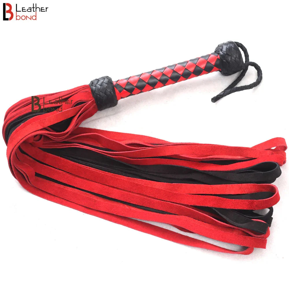 Red & Black Suede Leather Flogger – 50 Falls BDSM Loop Whip – Leather Bond